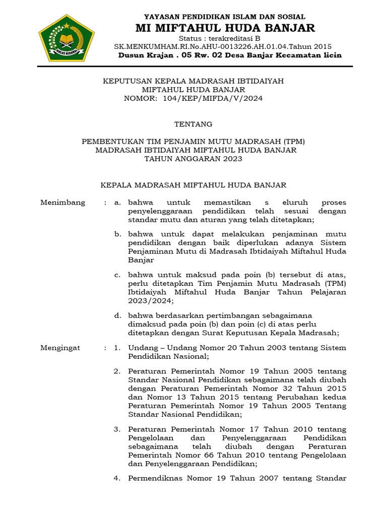 SK Tim Penjamin Mutu Madrasah (TPM) 2023 | PDF