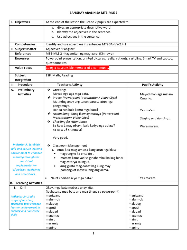 LESSON PLAN IN MTB 1 Pangsari 2 | PDF