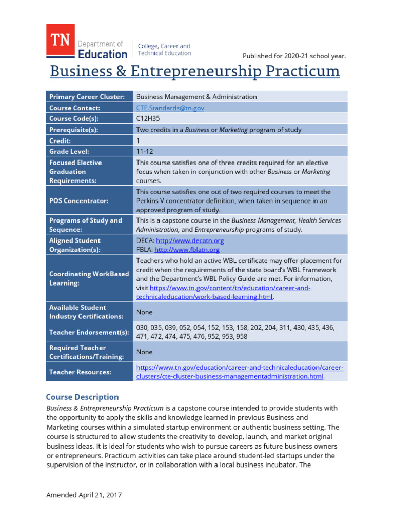 Cte STD Business Entrepreneurship Practicum | PDF | Startup Company ...