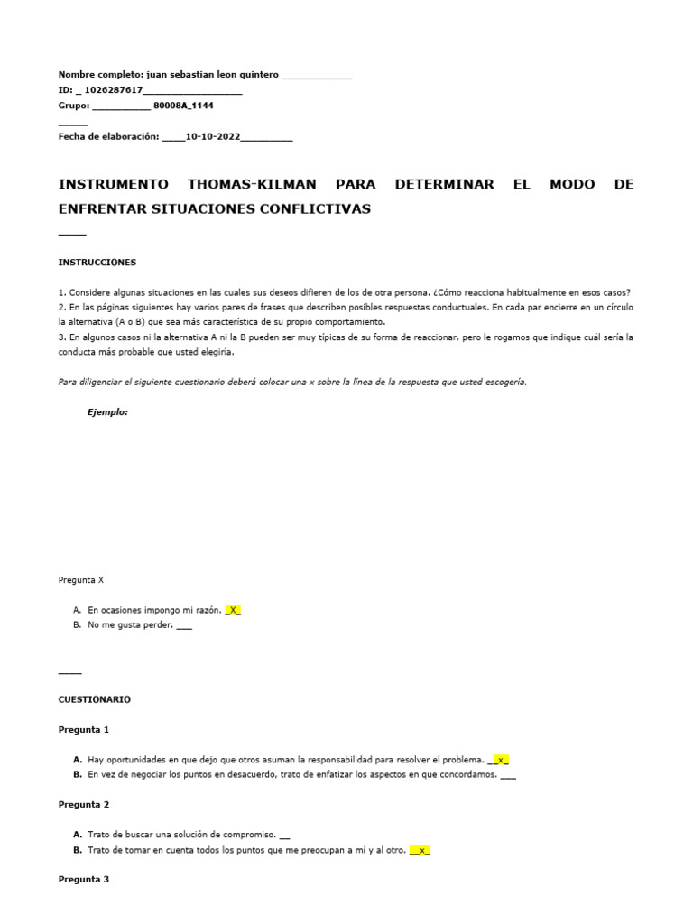 Anexo 1. Cuestionario TKI Test | PDF | Cuestionario