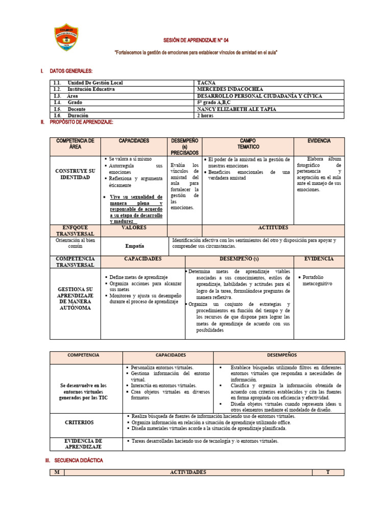 Sesión de Aprendizaje 5° Grado | Descargar gratis PDF | Aprendizaje | Evaluación