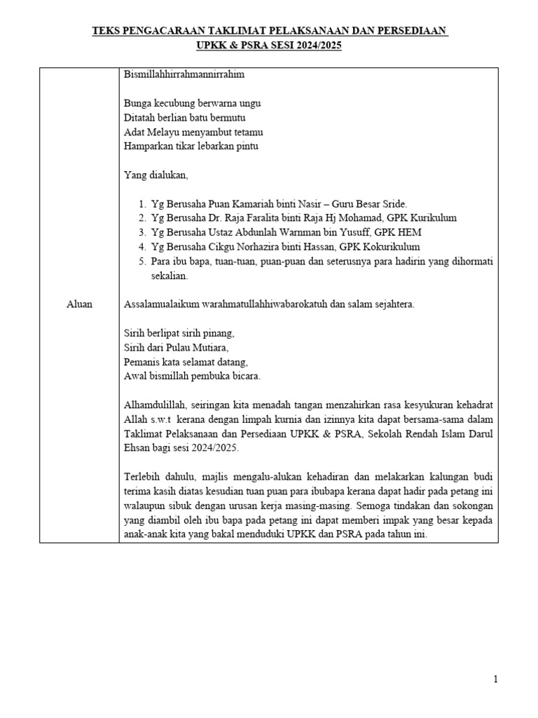 Teks Pengacara Majlis Taklimat Pelaksanaan Dan Persediaan UPKK Dan PSRA ...