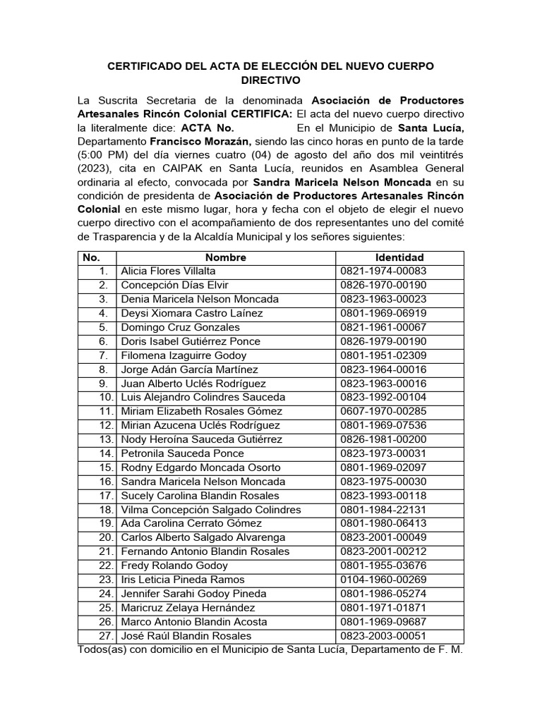 ACTA DE ELECCIÓN DE JUNTA DIRECTIVA - RINCÓN COLONIAL Principal | PDF | Gobierno
