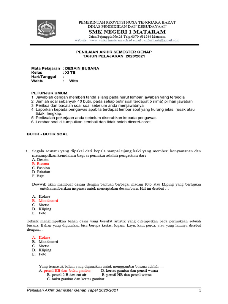 Soal UAS Sem Genap DESAIN BUSANA XI TB | PDF