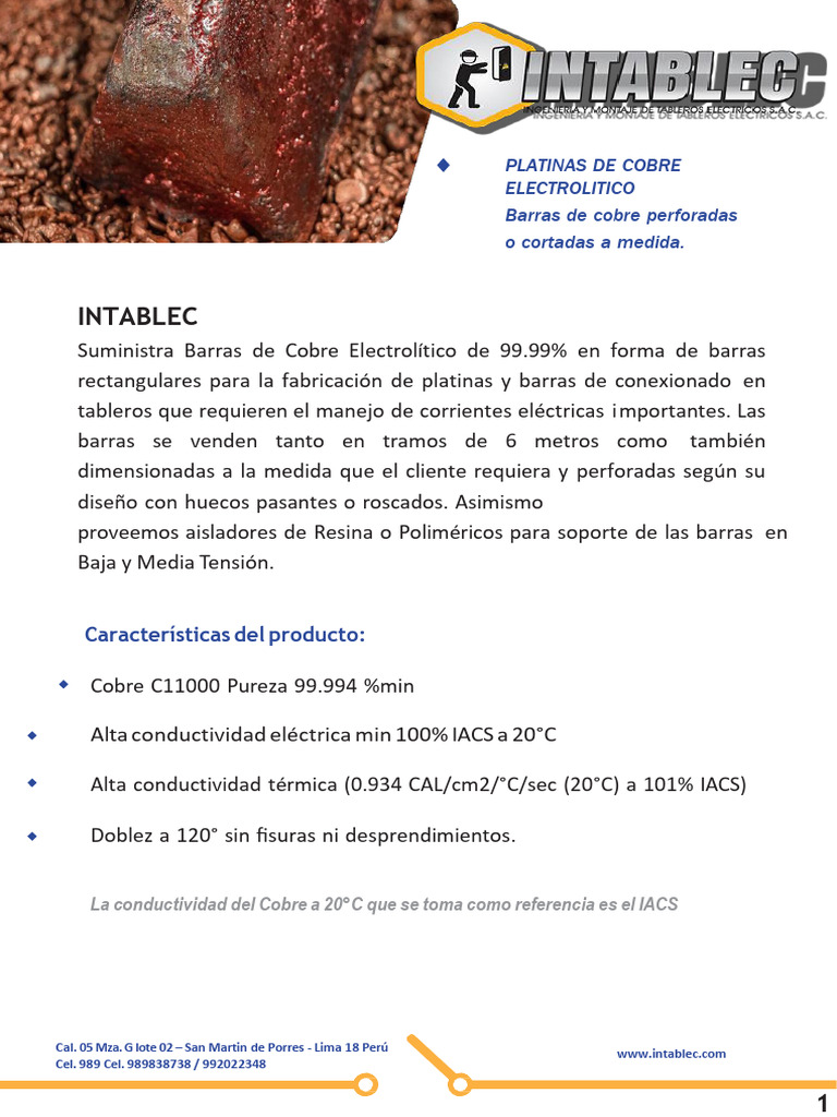 Ficha Tec Pletinas de Cobre INTABLEC | PDF | Cobre | Conductor electrico