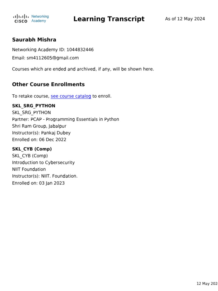 Networking Academy Learning Transcript | PDF