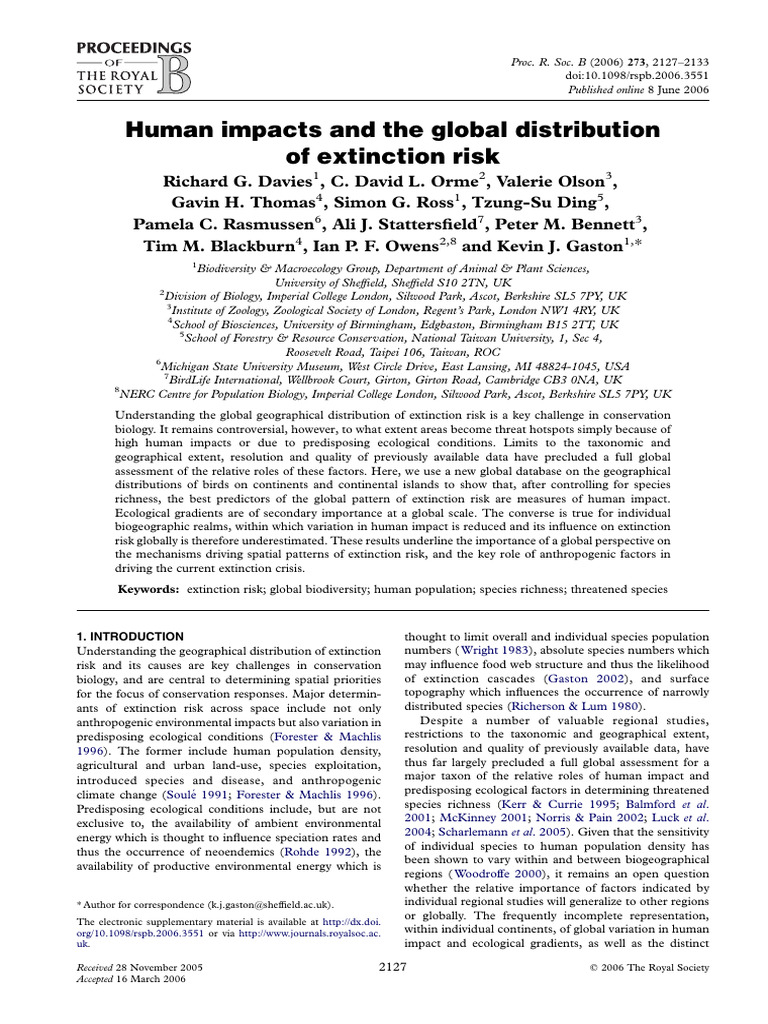 Human Impacts and The Global Istribuiton of Extinction Risk 2006 | PDF ...