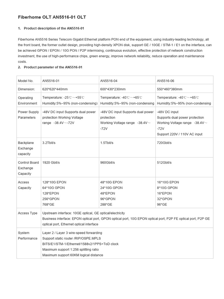 OLT Fiberhome AN5516-01 Datasheet | PDF | Network Architecture | Computing