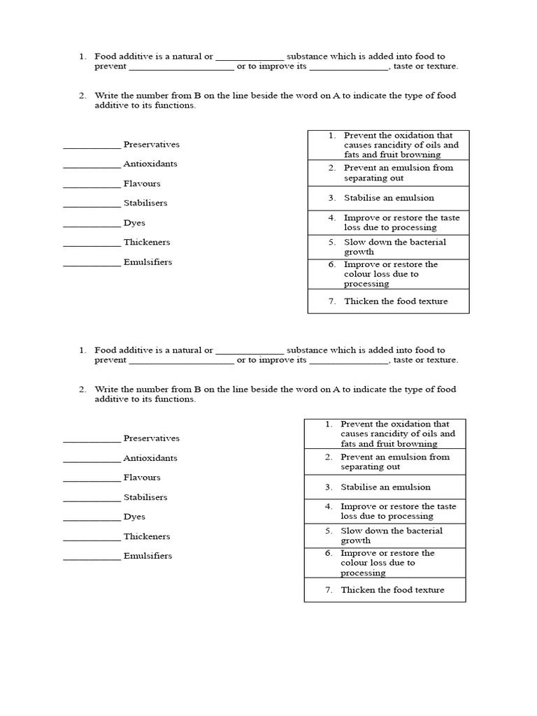 Food Activity Worksheet | PDF | Foods | Emulsion
