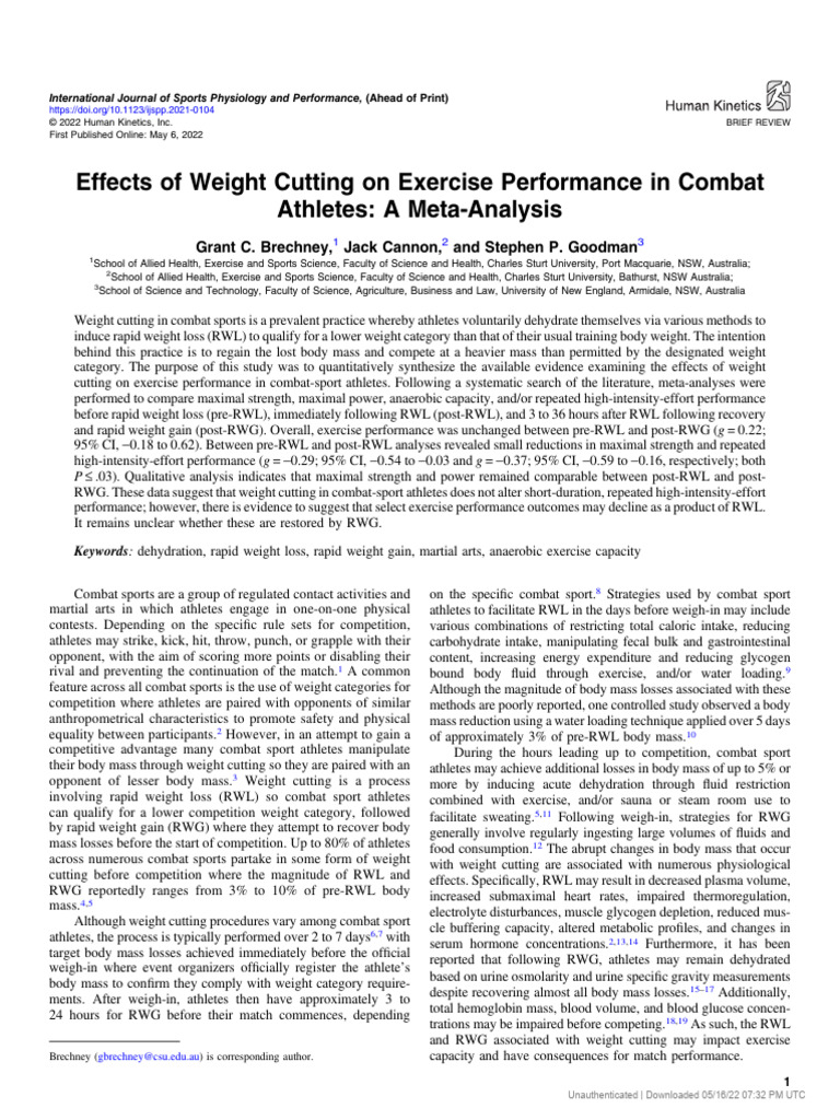 Brechney Et Al., 2022 Effects of Weight Cutting On Exercise Performance ...