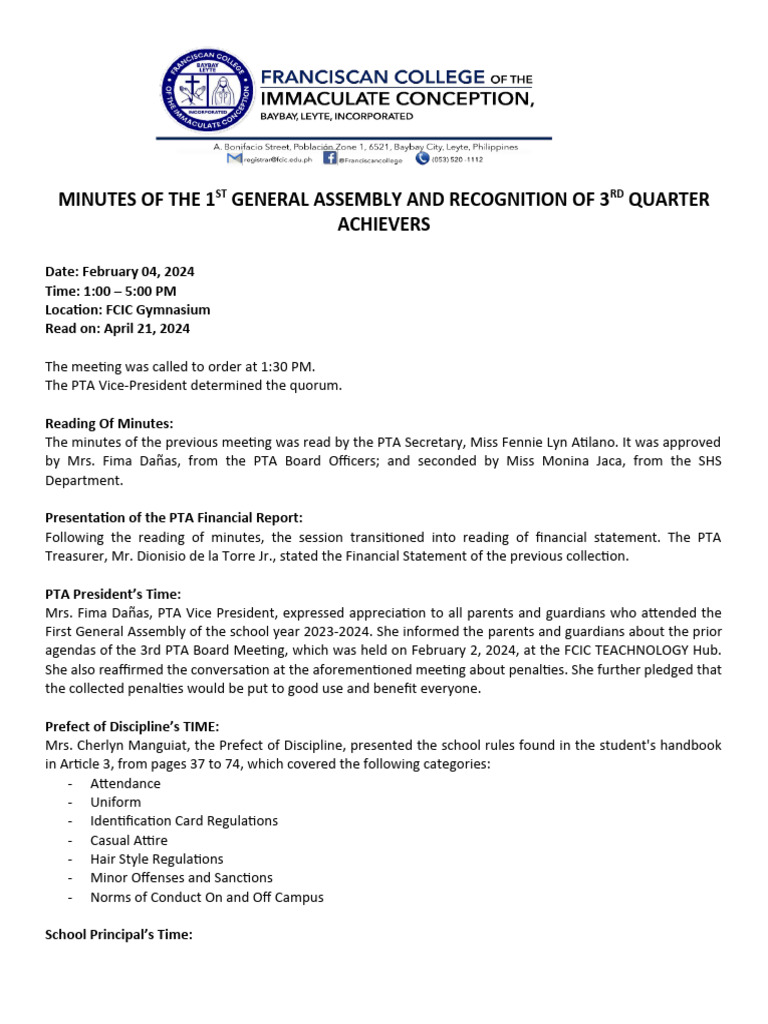 1st General Assembly Minutes & Achievers | PDF | Wellness