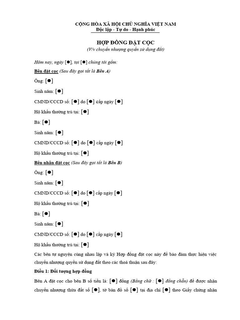 Hop Dong Dat Coc Mua Dat - 0104153056 | PDF