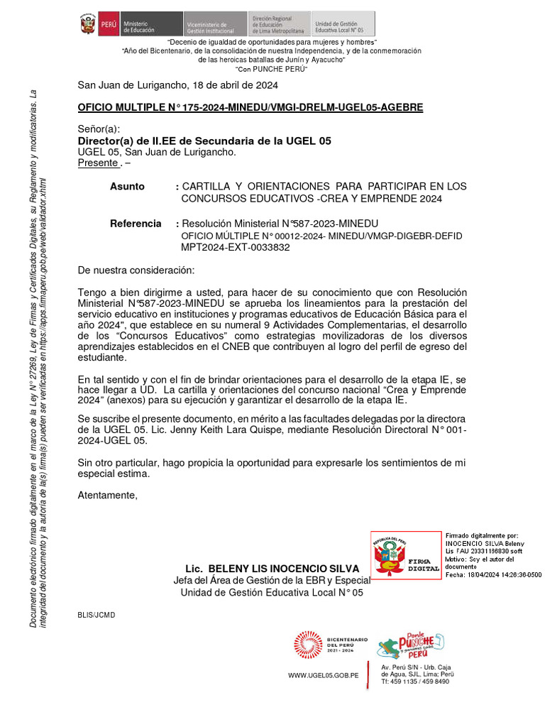 Oficio Multiple N 175 2024 Cartilla de Crea y Emprende | PDF | Alimentos | Iniciativa empresarial