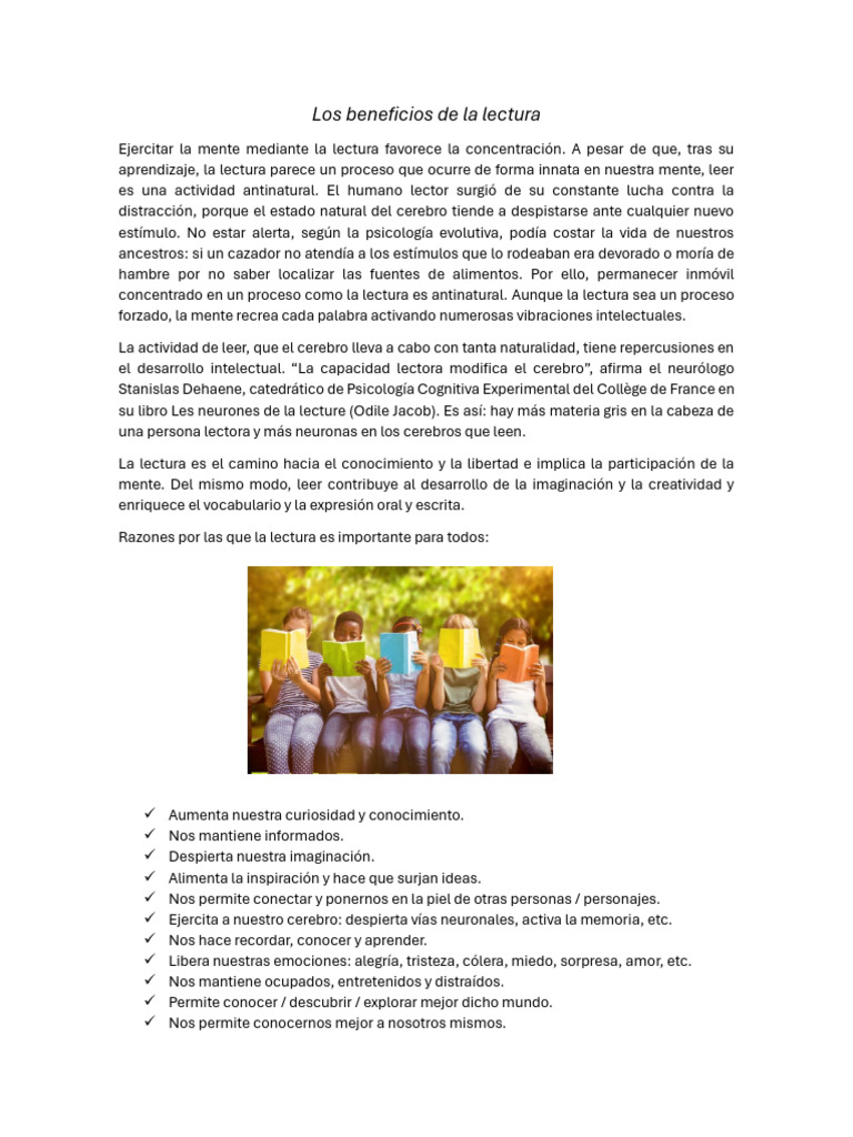 Los Beneficios de La Lectura | Descargar gratis PDF | Mente | Cerebro