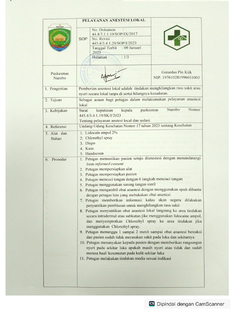 Sop Pelayanan Anastesi Lokal | PDF