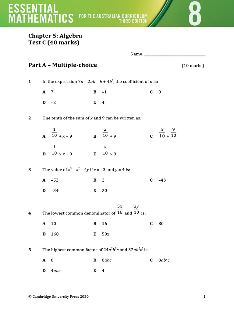 Algebra Test C: Multiple-Choice & Short-Answer | PDF | Mathematical ...