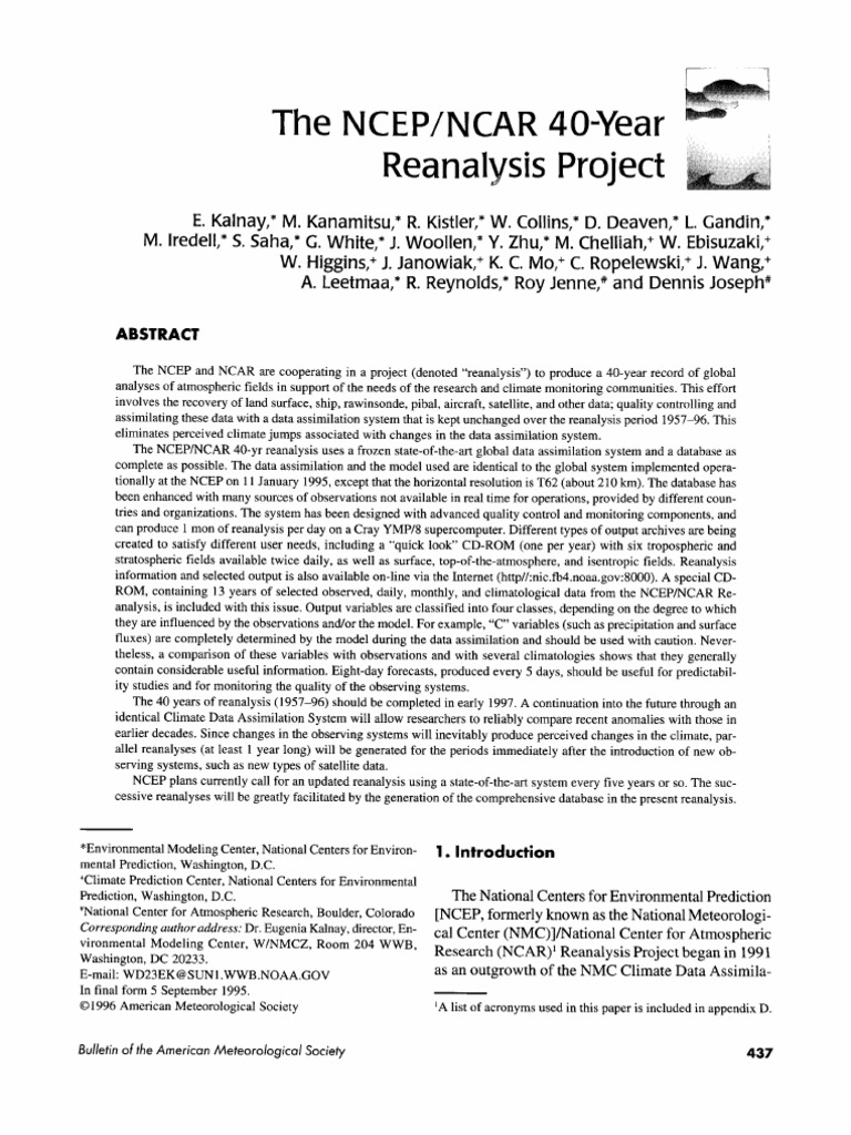 1996 Kalnay Et Al - The NCEP-NCAR Reanalysis 40-Year Project | PDF