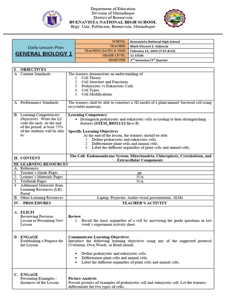 General Biology 1 Lesson Plan: Cells | PDF | Cell (Biology) | Learning