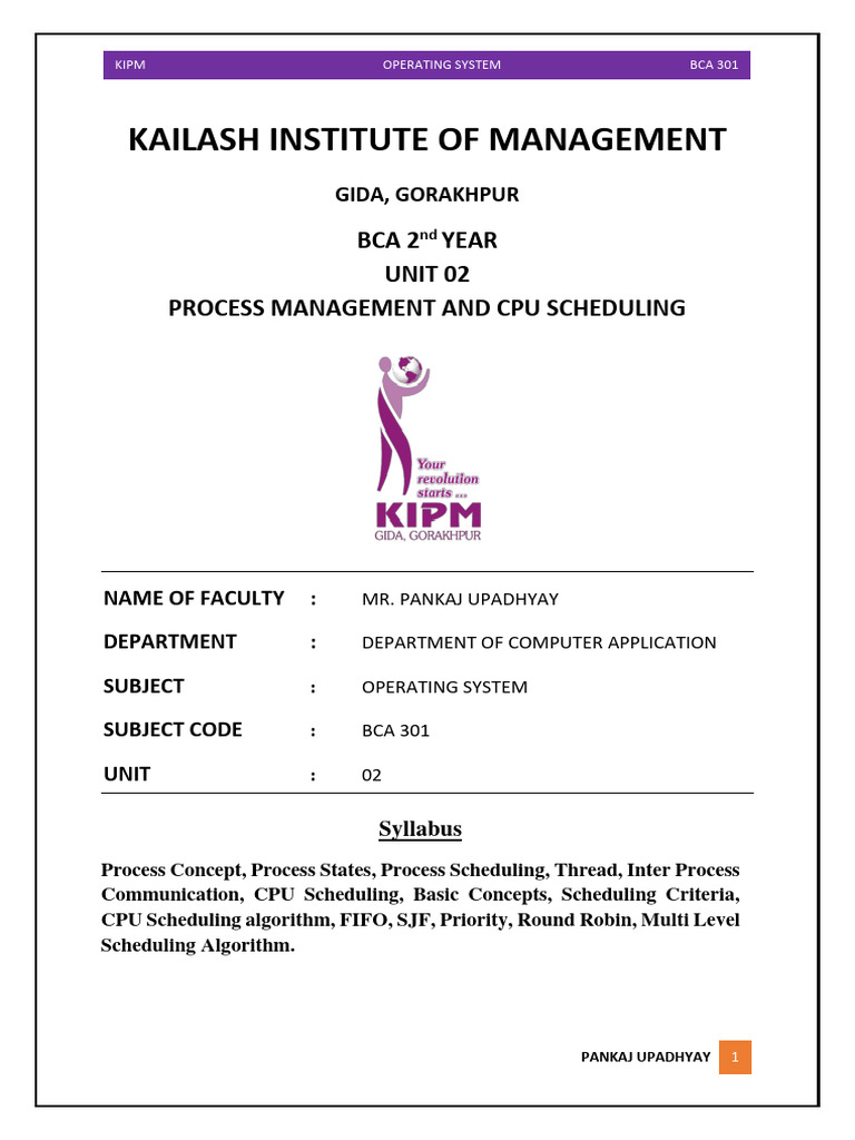 Kailash Institute Of Management Bca 2 Year Unit 02 Process Management And Cpu Scheduling Pdf 8364