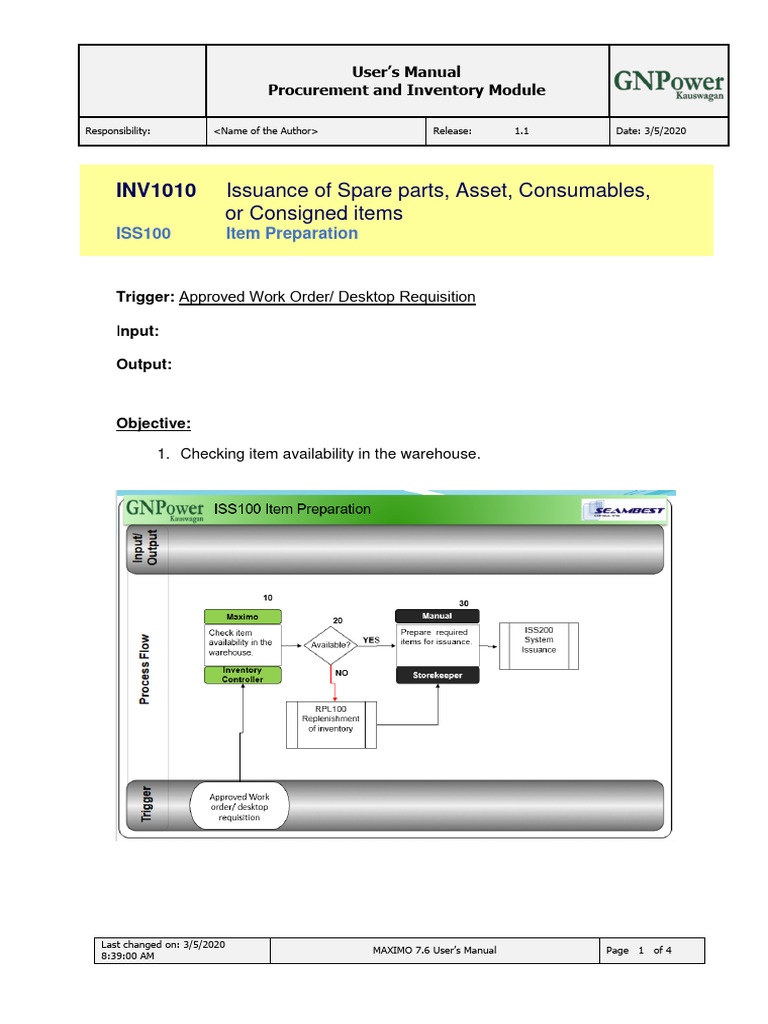 INV1010 Issuance of Spare Parts, Asset, Consumables ISS100 System Preparation | PDF | Inventory ...