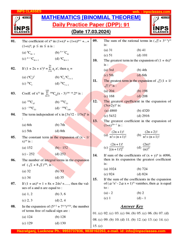 DPP 91 Binomial Theorem INPS Classes | PDF | Mathematical Analysis | Abstract Algebra