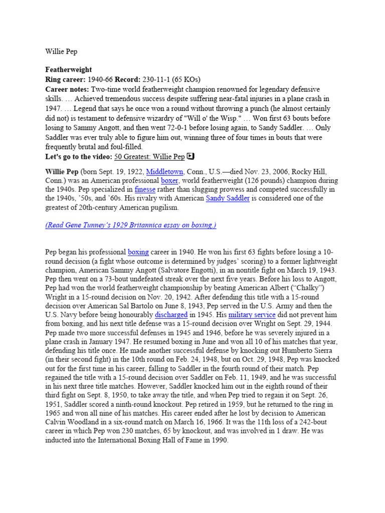 Willie Pep - Boxer Top 1 To 10 | PDF | American Boxers | Indoor Sports