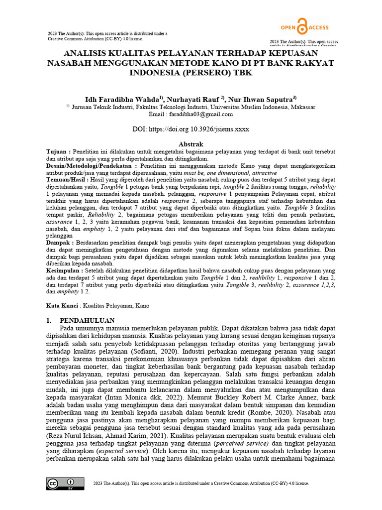 Analisis Kualitas Pelayanan Terhadap Kepuasan Nasabah Menggunakan Metode Kano Di PT Bank Rakyat ...