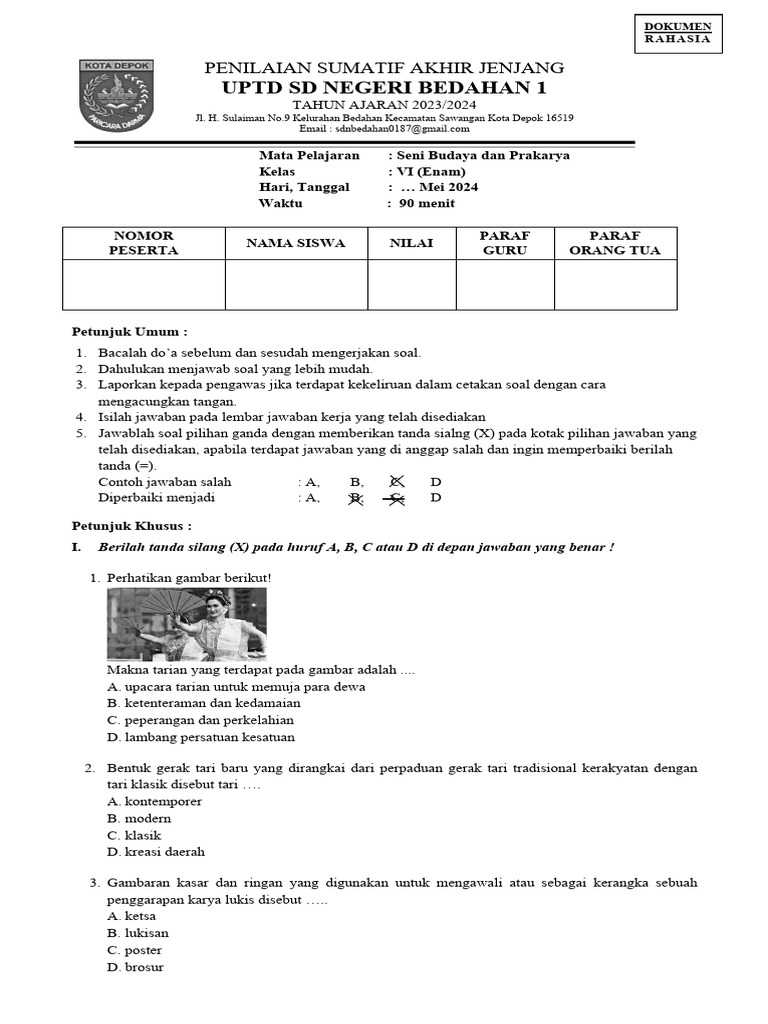 SOAL PSAJ SBDP Kelas VI | PDF