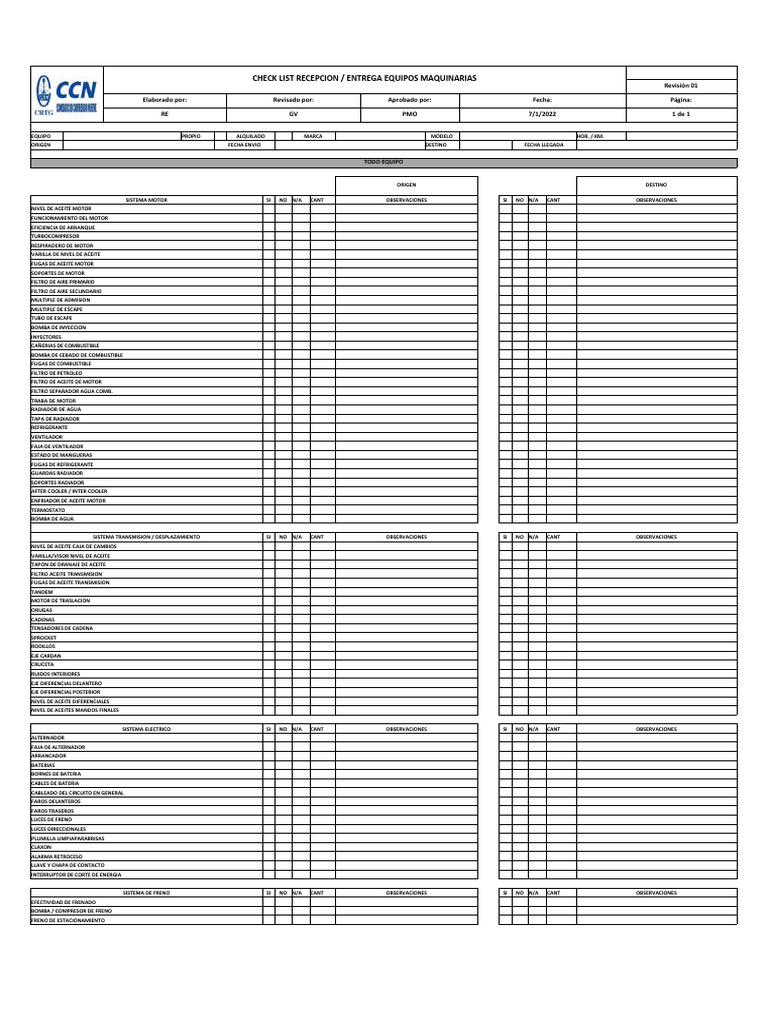 Check List Recepción Entrega Equipos Maquinarias Rev 01 | PDF | Inyección de combustible ...