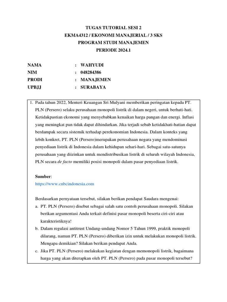 Tugas2 EKMA4312 - EKONOMI MANAJERIAL - WAHYUDI - 048284386 | PDF