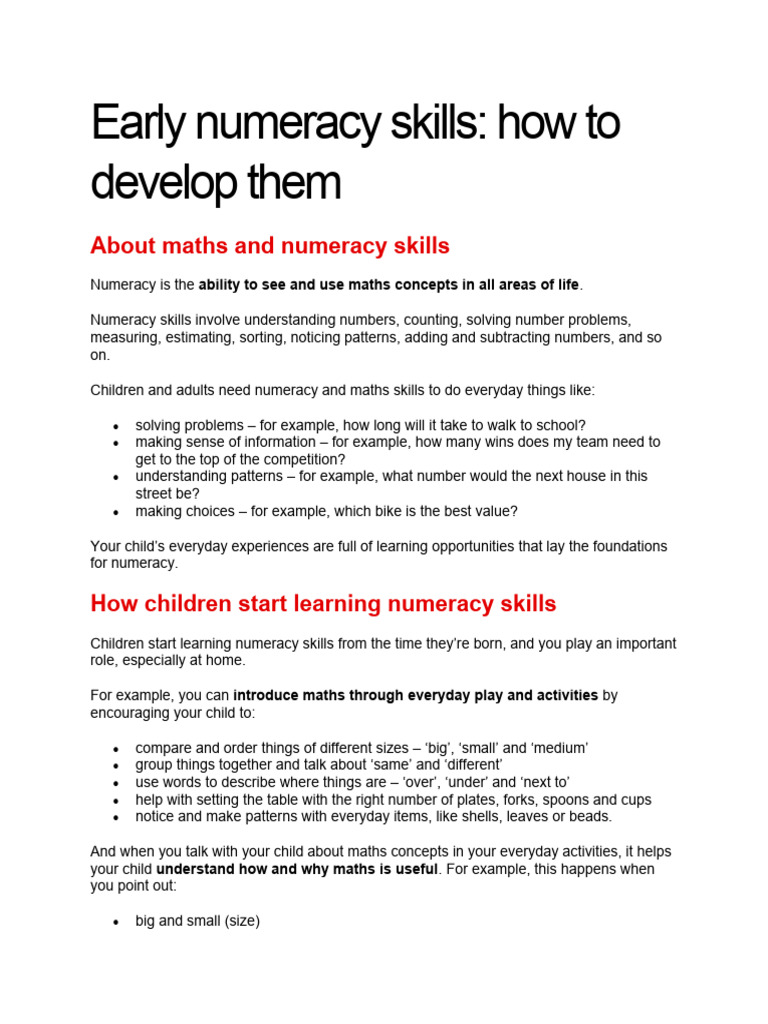 Early Numeracy Skills | PDF