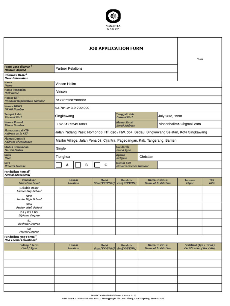 (BLANK) VG Job Application Form 2024 | PDF