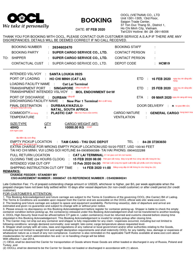 OOCL Vietnam Cargo Booking Details | PDF | Cargo | Freight Transport