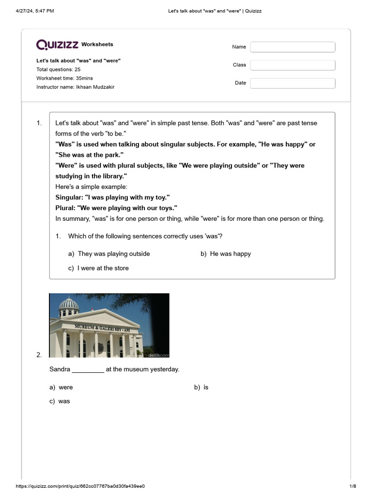 Chapter 8 - Let's Talk About - Was - and - Were - Quizizz | PDF ...