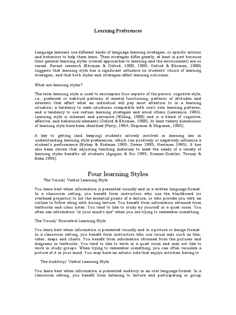 Learning Styles and Preferences | PDF | Learning Styles | Affect (Psychology)