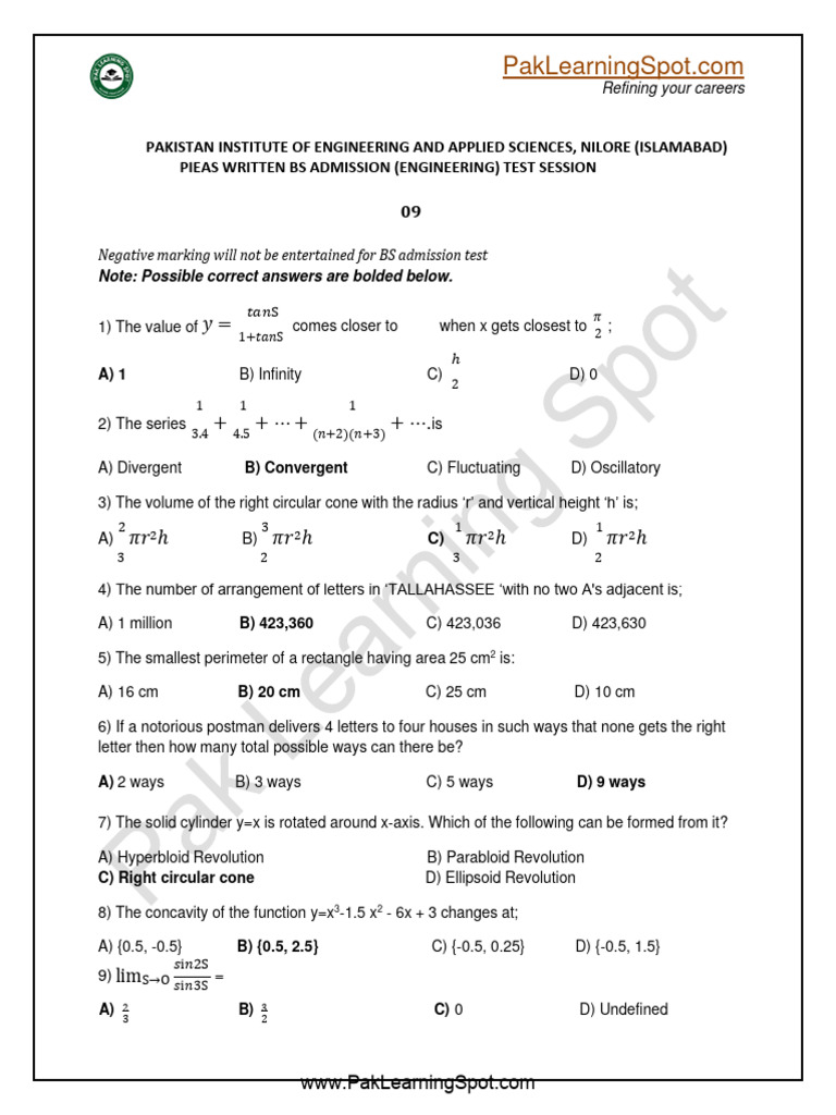 PIEAS 09 Past Paper PakLearningSpot | PDF | Function (Mathematics ...
