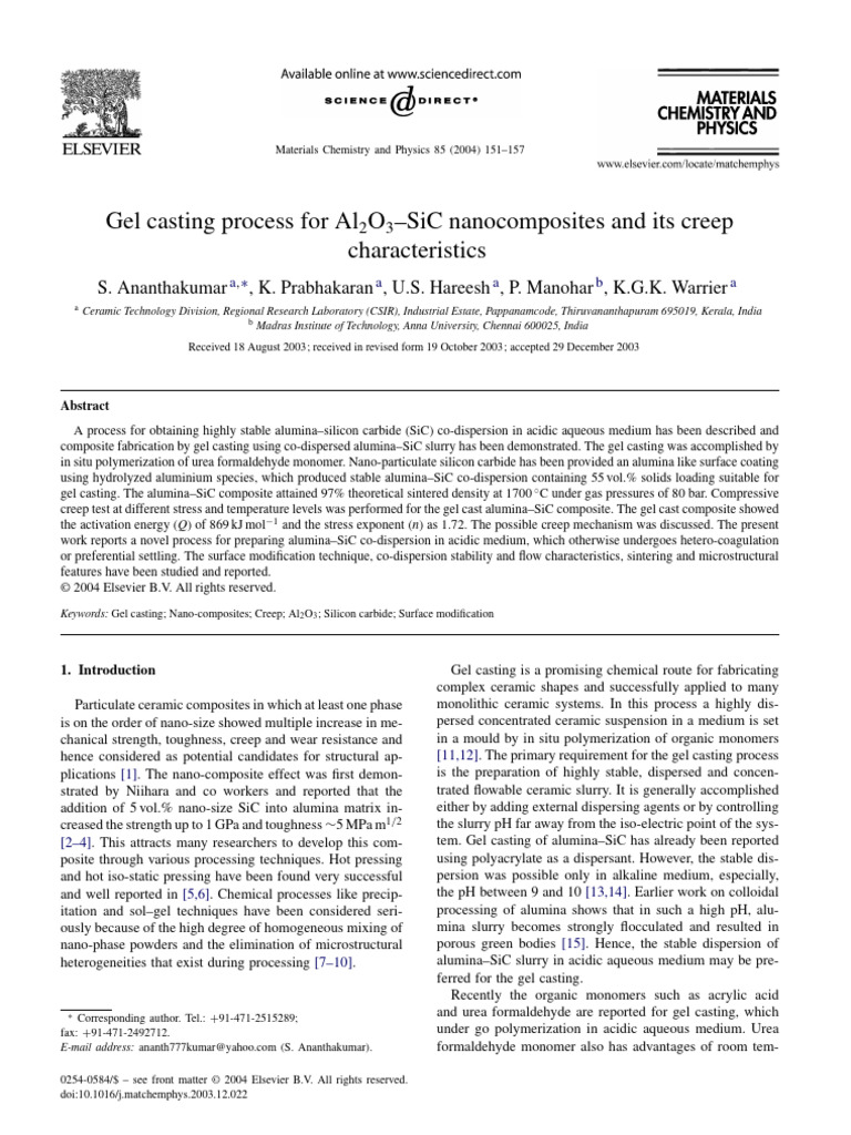 Gel Casting Process For Al2O3 SiC Nanoco | PDF | Creep (Deformation) | Sintering