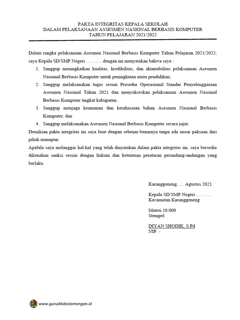 Pakta Integritas ANBK 2021 | PDF