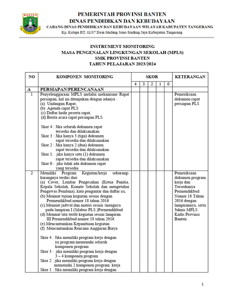 INSTRUMEN MPLS TAHUN 2023 Baru KAB. TANGERANG | PDF