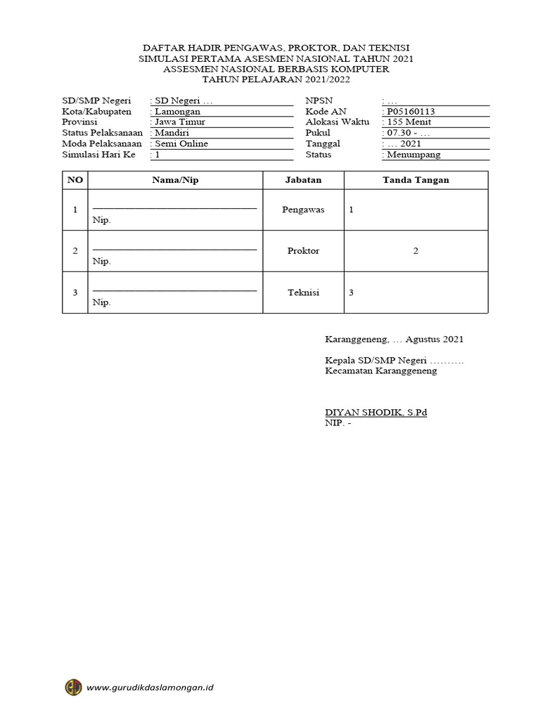 Daftar Hadir Pengawas, Proktor, Teknisi ANBK Tahun 2021 | PDF
