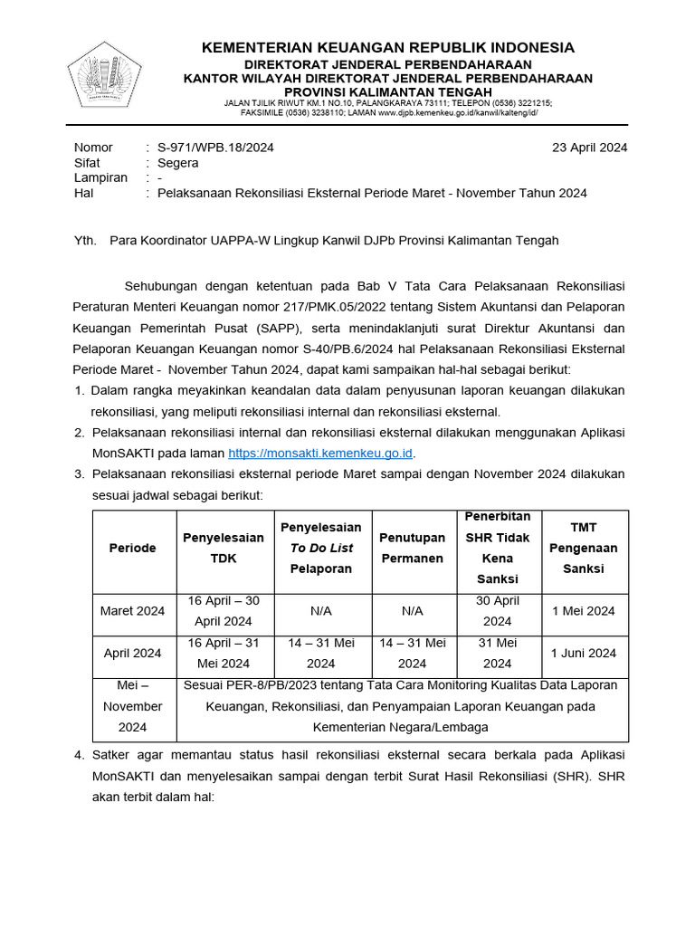 S-971 - Pelaksanaan Rekonsiliasi Eksternal Periode Maret - November Tahun 2024 | PDF