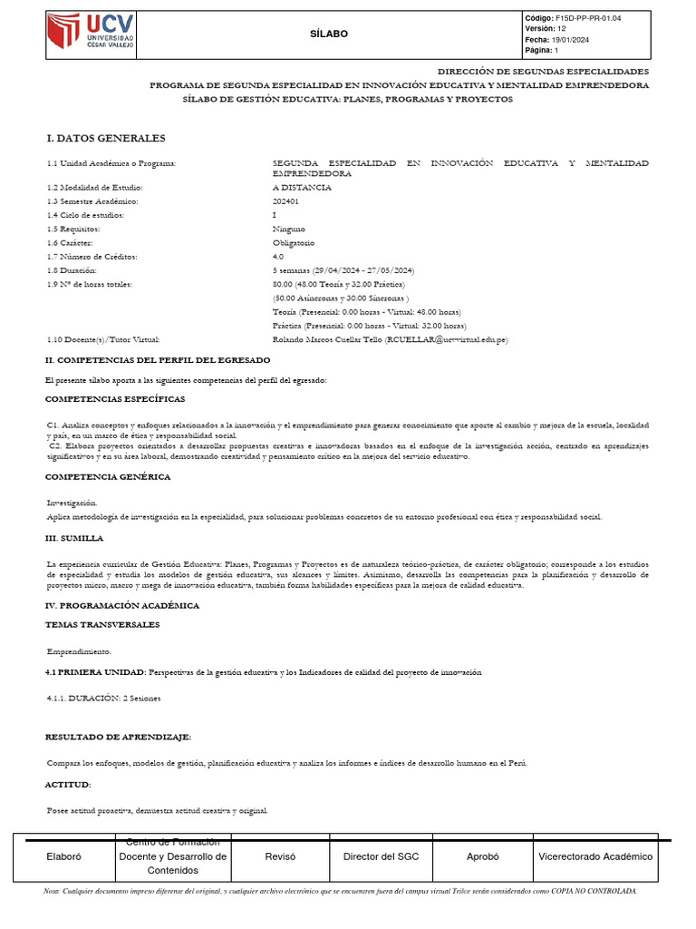 Silabo - Gestión Educativa - Planes, Programas y Proyectos | PDF | Evaluación | Aprendizaje