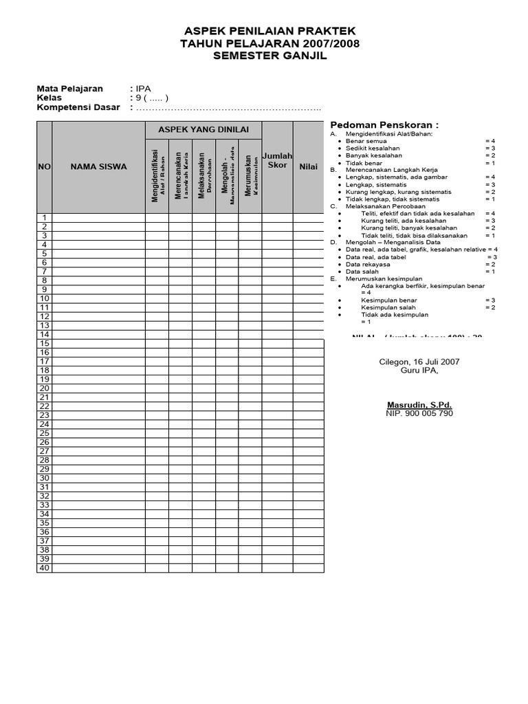 Aspek Penilaian Praktek | PDF