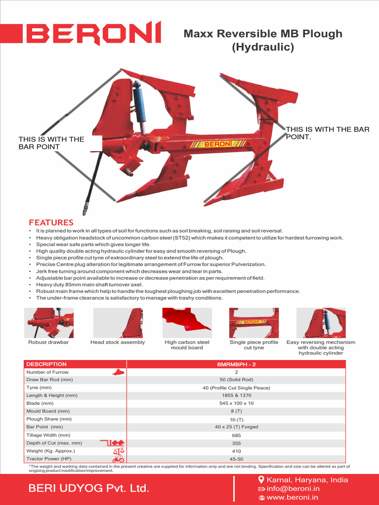 Beroni Maxx Reversible MB Plough (Hydraulic) | PDF | Plough ...
