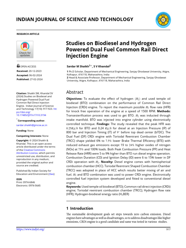 Studies On Biodiesel and Hydrogen Powered Dual Fue | PDF | Diesel Engine | Combustion
