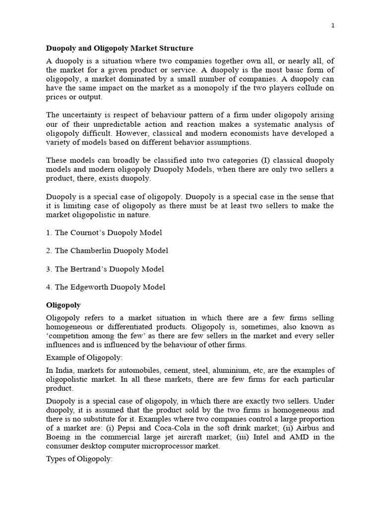 Duopoly and Oligopoly - Notes | PDF | Oligopoly | Profit (Economics)