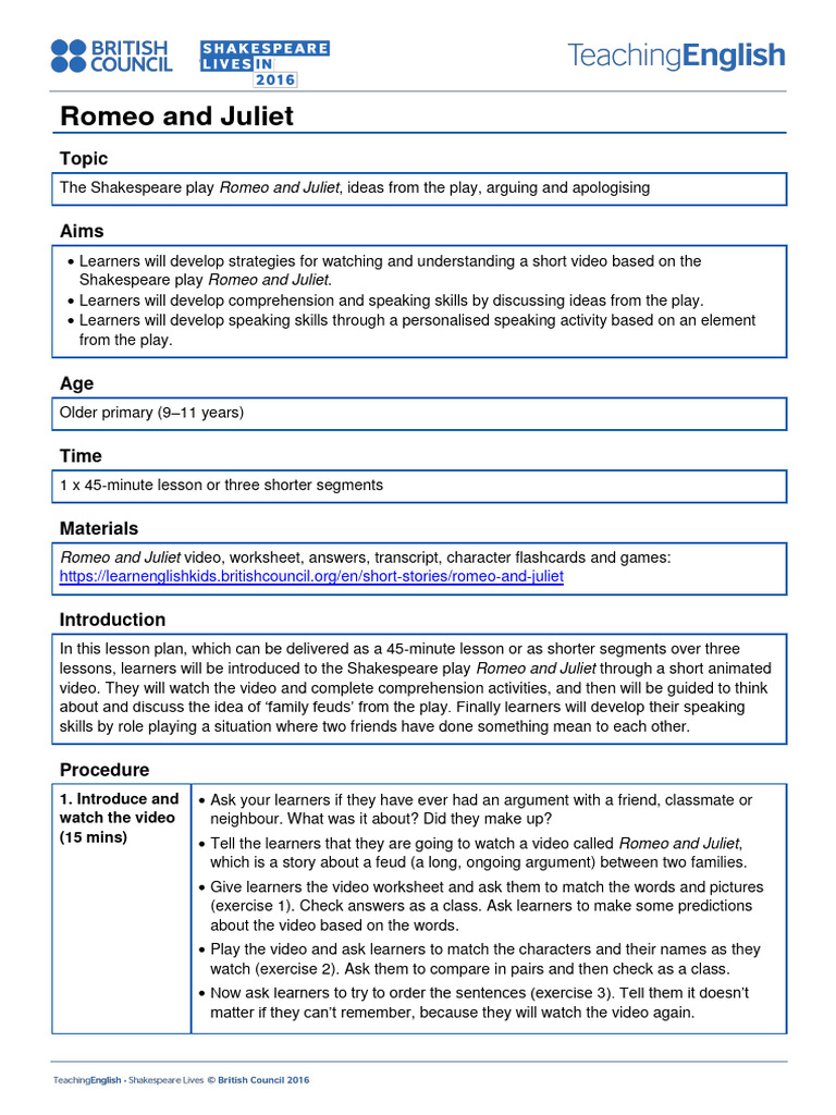 Romeo and Juliet | PDF | Romeo And Juliet | Lesson Plan