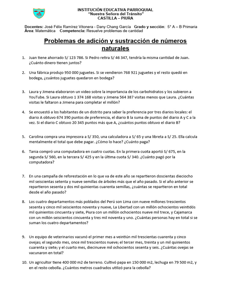 Problemas Matemáticos para Primaria | PDF | Viajes y turismo