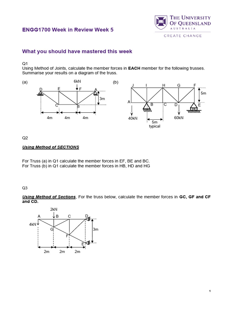 ENGG1700 Week 5 in Review Problems (Trusses Joints) | PDF