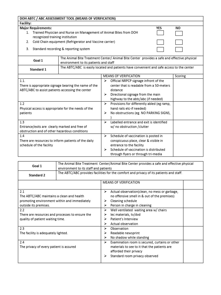 DOH Animal Bite Center Assessment Tool | PDF | Rabies | Vaccines